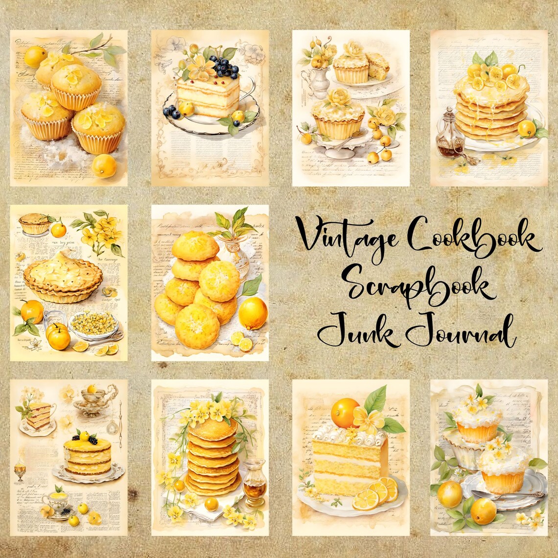 Junk Journal Kit Yellow Vintage Cookbook Scrapbook Digital Paper Kit ...