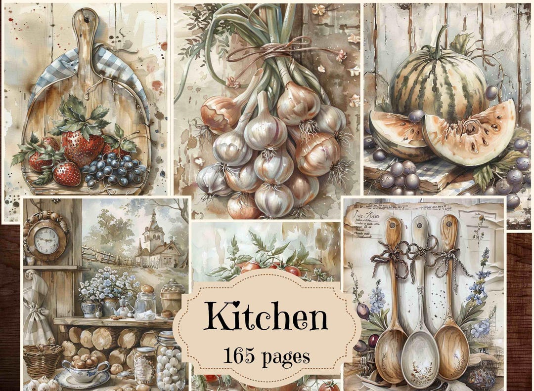 Watercolor Kitchen Scrapbook Paper: Rustic Cookbook Pages (digital ...