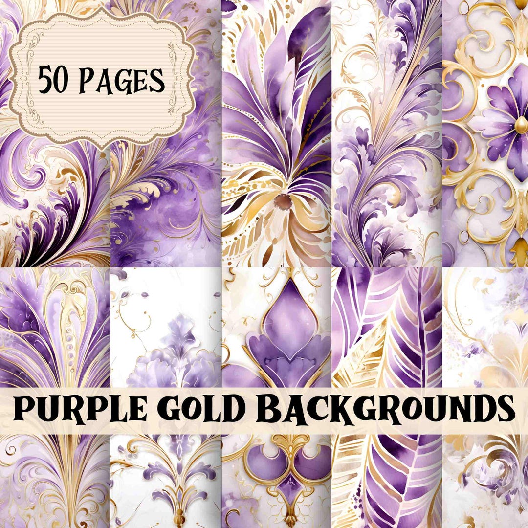 Purple Gold Watercolor Backgrounds: Luxury Junk Journal Kit (digital ...