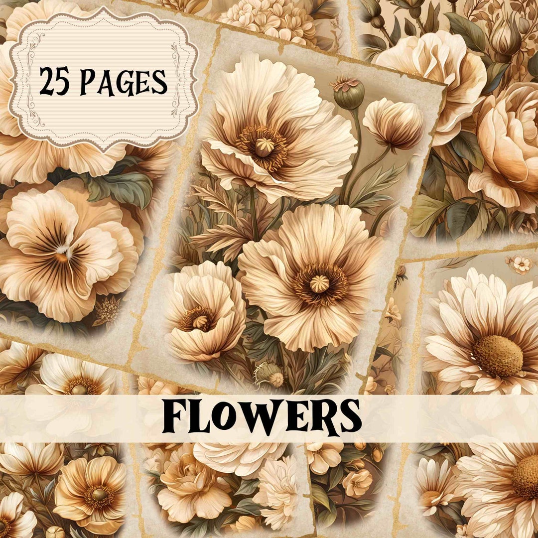 Vintage Flowers Junk Journal Supplies Brown Floral Scrapbook Printable ...