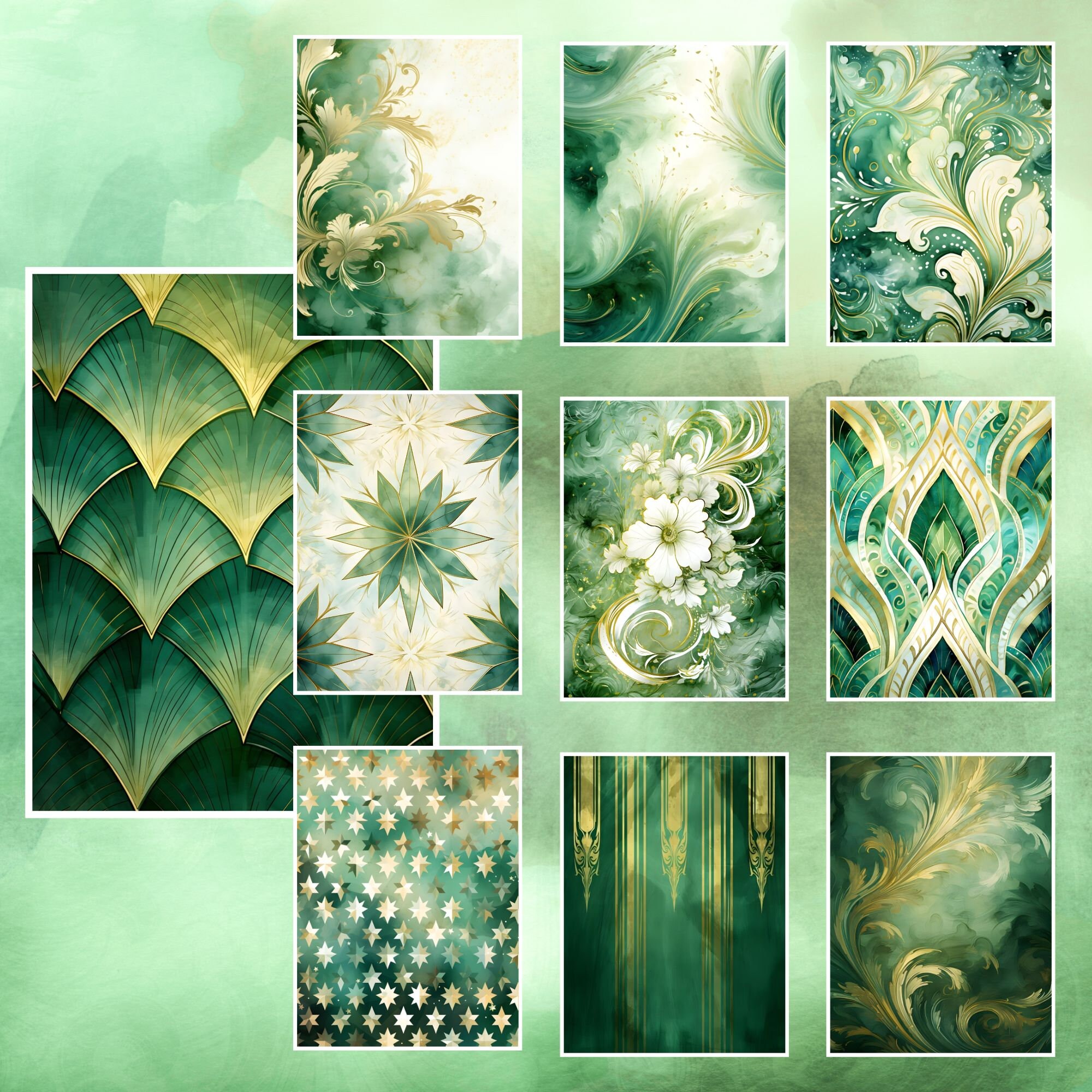 Green & Gold Watercolor Junk Journal Kit: Luxury Digital Paper (digital ...