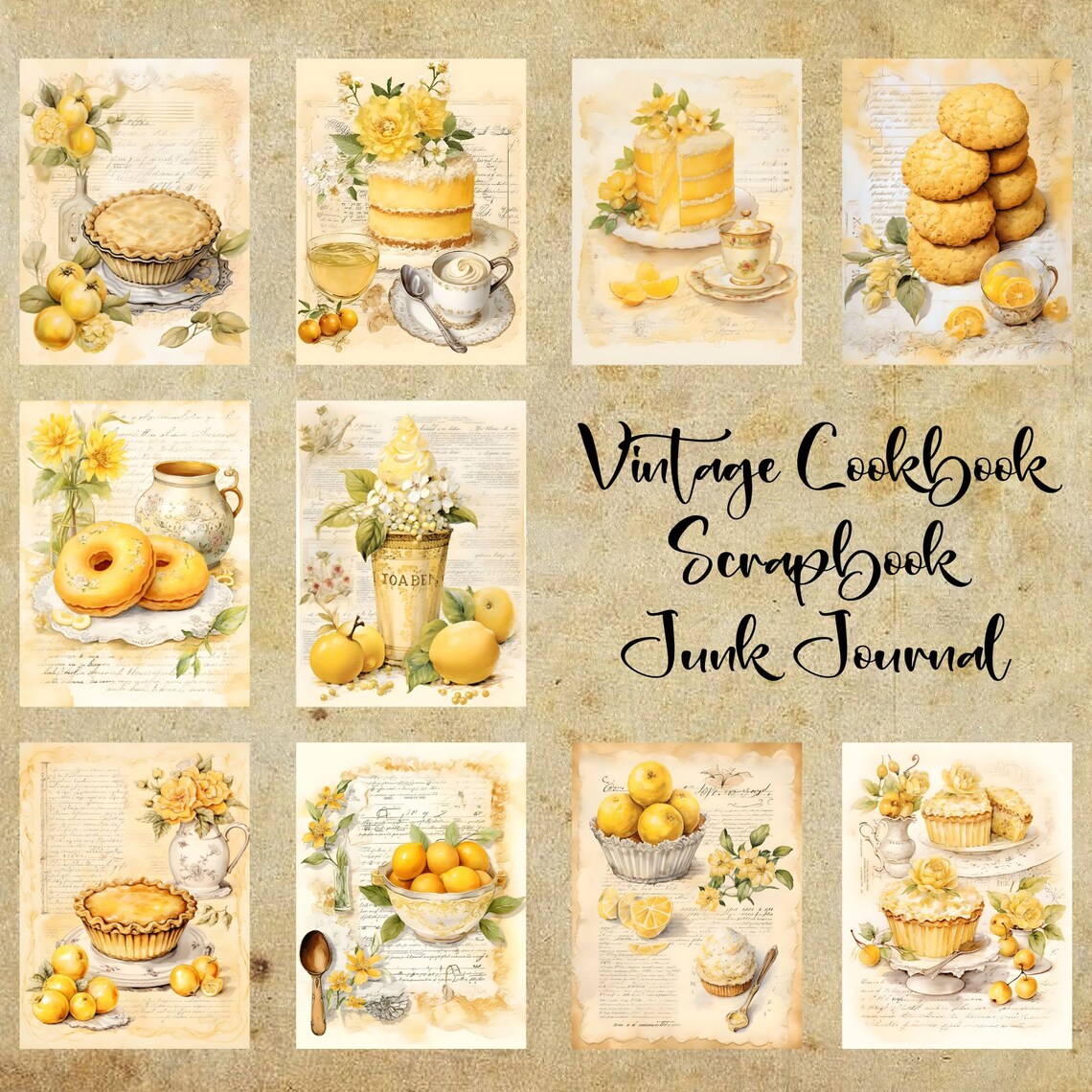 Junk Journal Kit Yellow Vintage Cookbook Scrapbook Digital Paper Kit ...