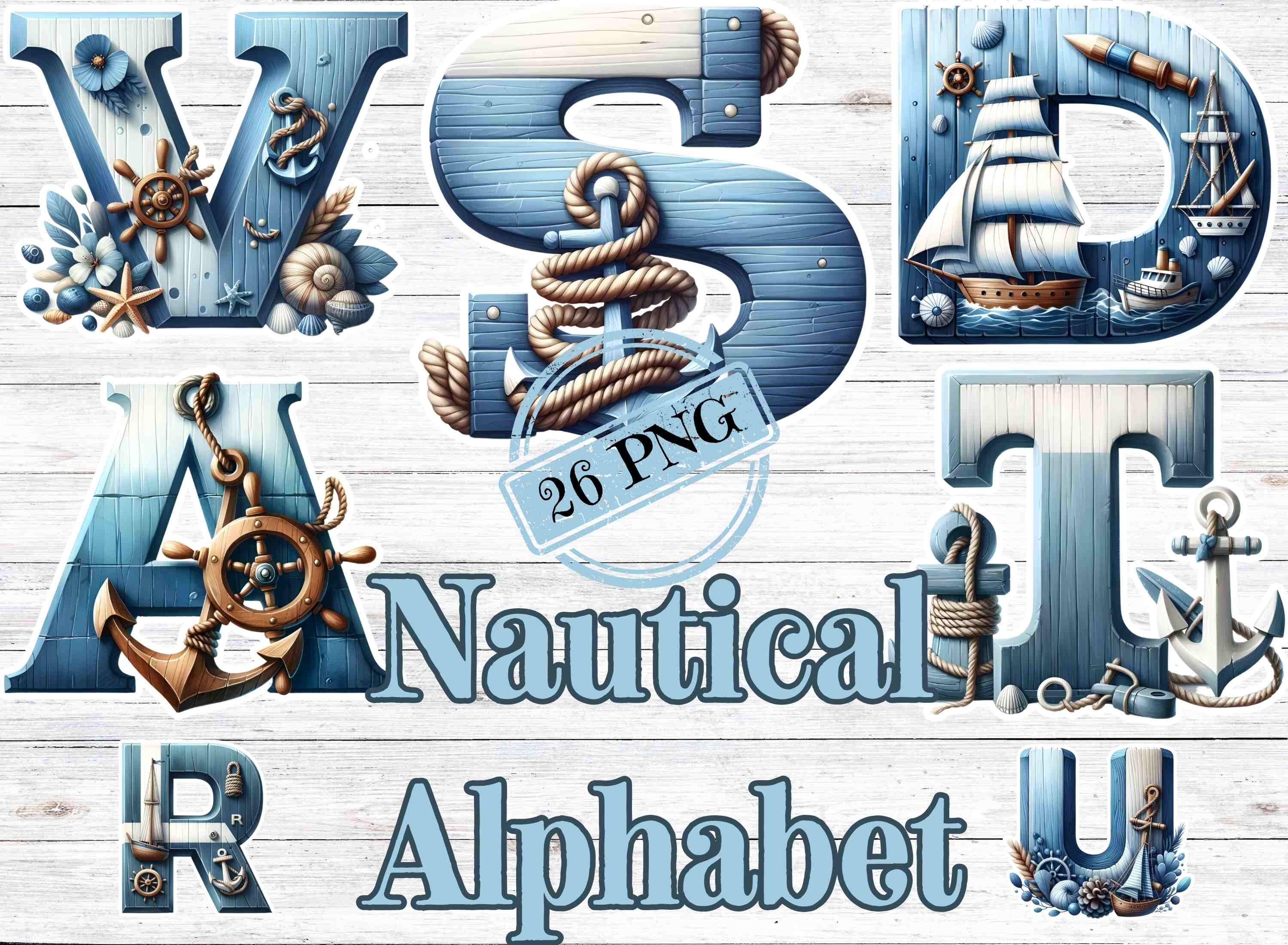 Nautical Alphabet PNG: Ocean Decorative Letters Clipart (digital ...