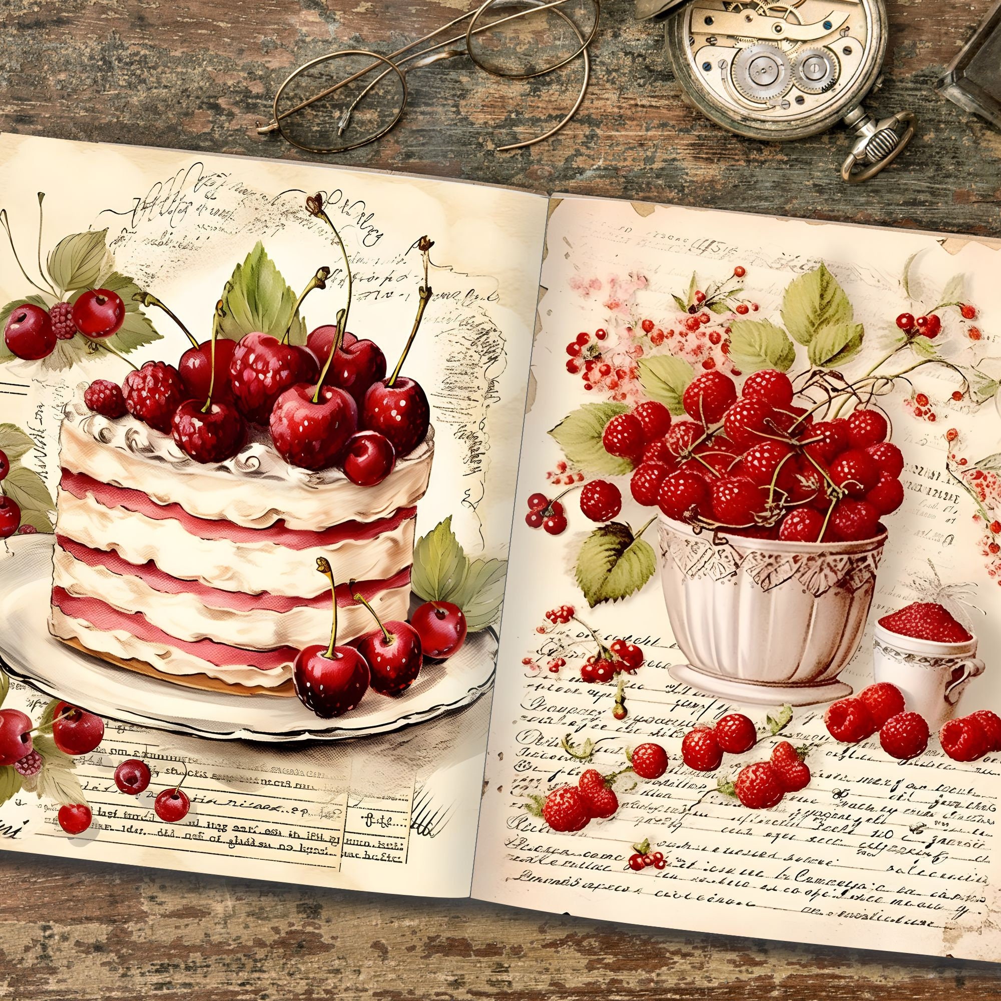 Junk Journal Kit Red Vintage Cookbook Digital Scrapbook Paper Kit ...