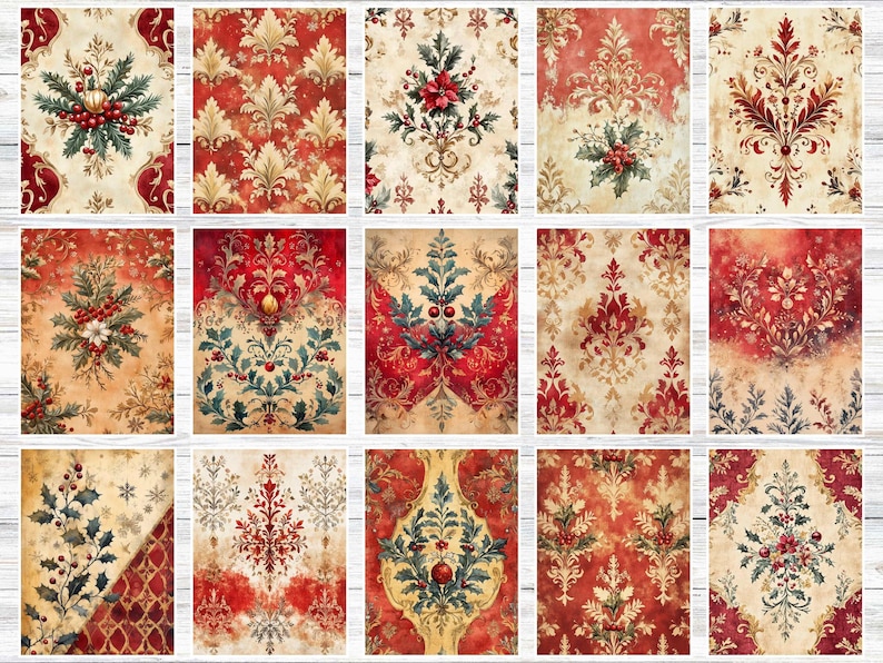 Red Gold Watercolor Christmas Scrapbook Paper: Vintage Junk Journal Kit ...