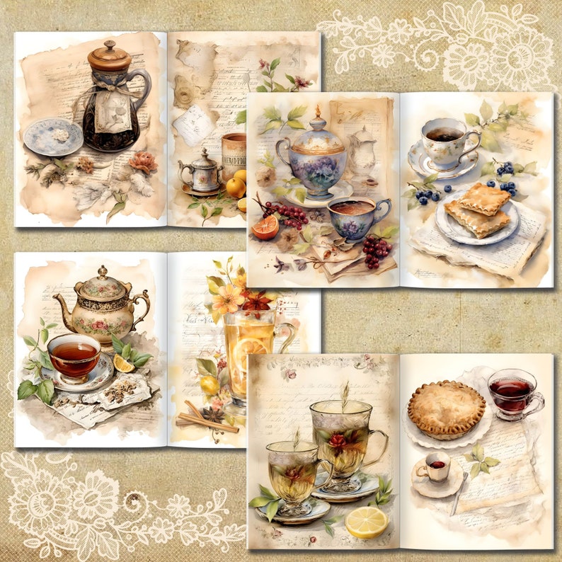 Autumn Junk Journal Kit Vintage Tea Collage Kit Digital Vintage Tea Art Vintage Autumn Tea Time ...