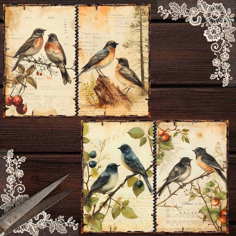 Vintage Birds Junk Journal Kit Birds Scrapbook Printable Backgrounds ...