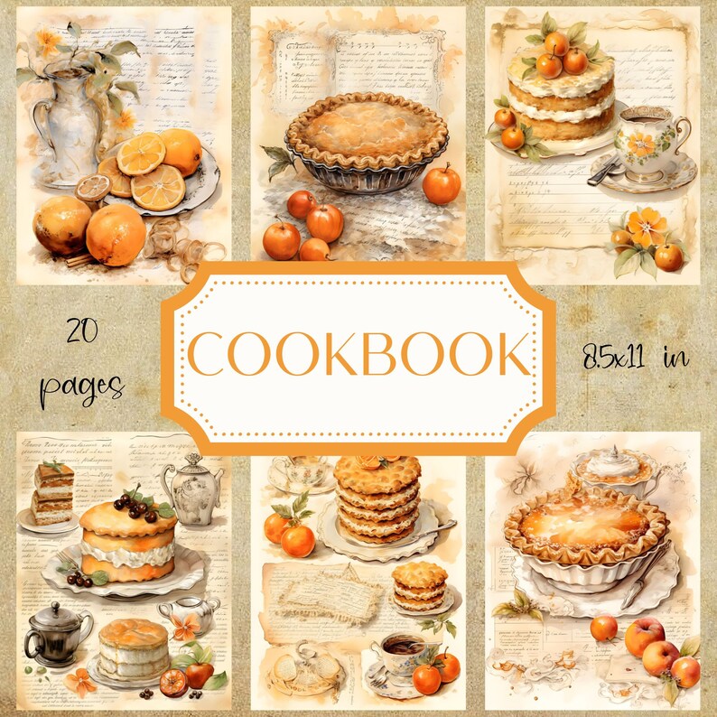 Junk Journal Kit Orange Vintage Cookbook Scrapbook Digital Paper Kit ...