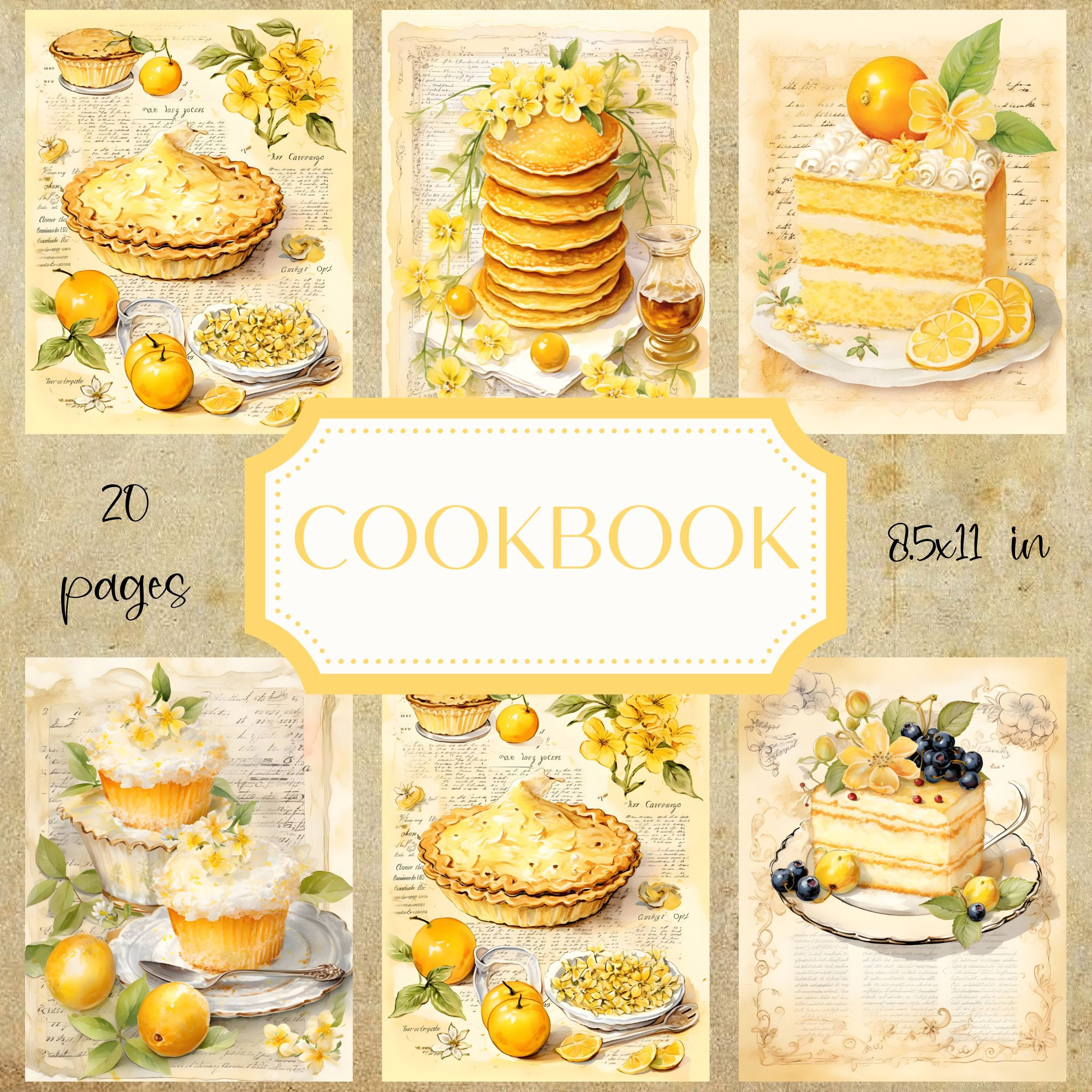 Junk Journal Kit Yellow Vintage Cookbook Scrapbook Digital Paper Kit ...