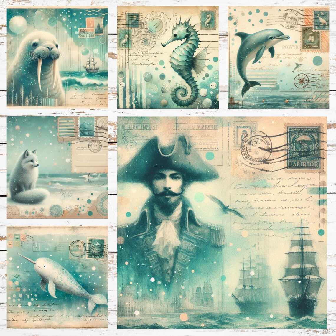 Nautical Postcards Junk Journal Pirat Backgrounds: Shabby Chic Ocean ...