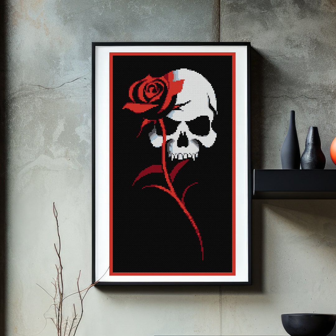 Graphic Skull and Red Rose Cross Stitch Pattern PDF : Digital Download ...