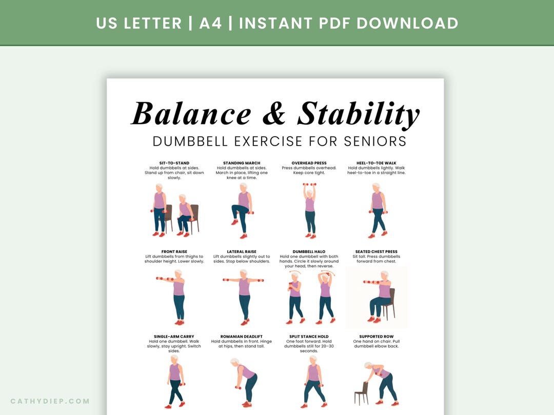 Dumbbell Exercises for Seniors Printable | Balance & Stability Workout ...