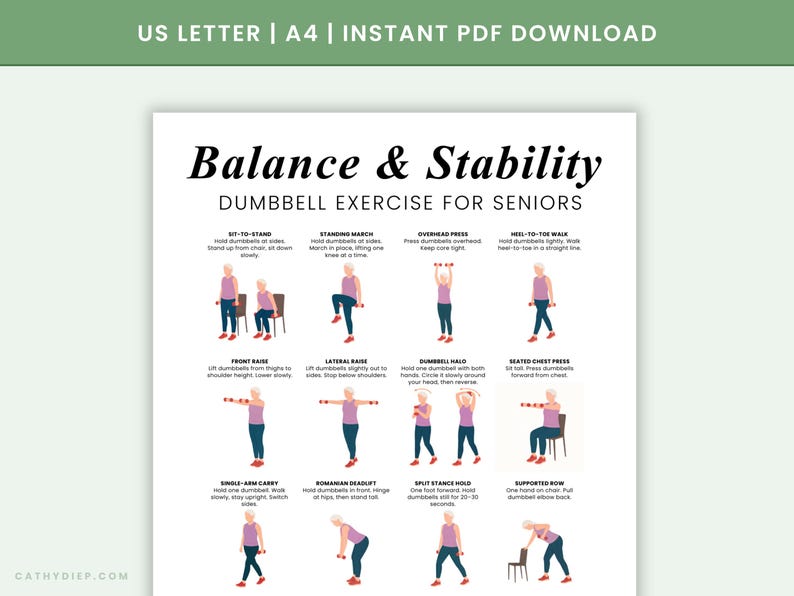Dumbbell Exercises for Seniors Printable | Balance & Stability Workout ...