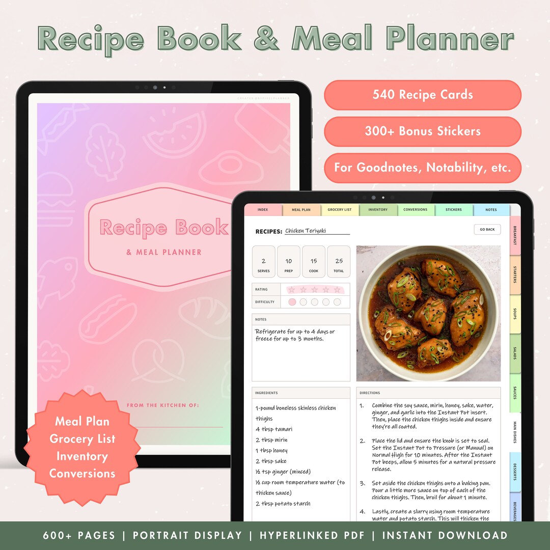 Digital Recipe Book Template, Meal Planner Digital Download, Digital ...