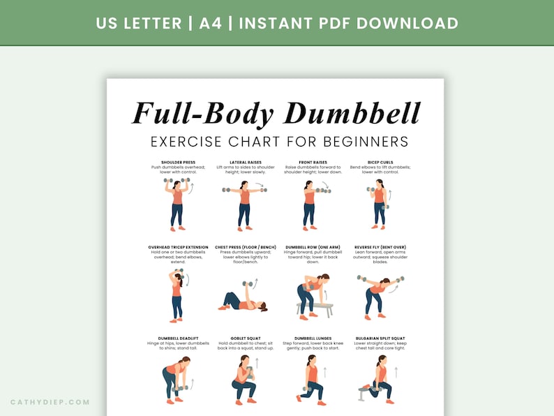 Dumbbell Exercise Chart | Full-body Workout for Beginners (PDF) - Etsy