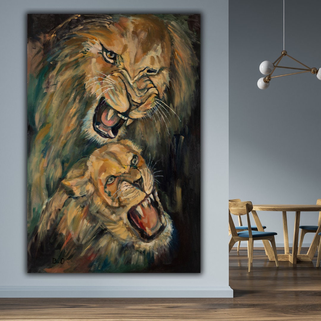 Original ART Oil Painting on Canvas by Benjamin Odeni, Lions ...