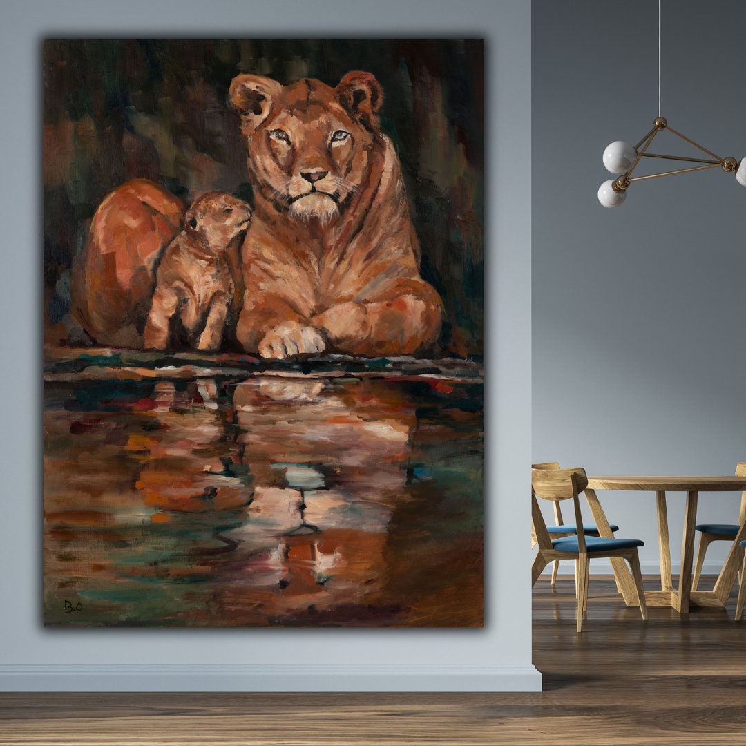 Original ART Oil Painting on Canvas by Benjamin Odeni, Lions ...