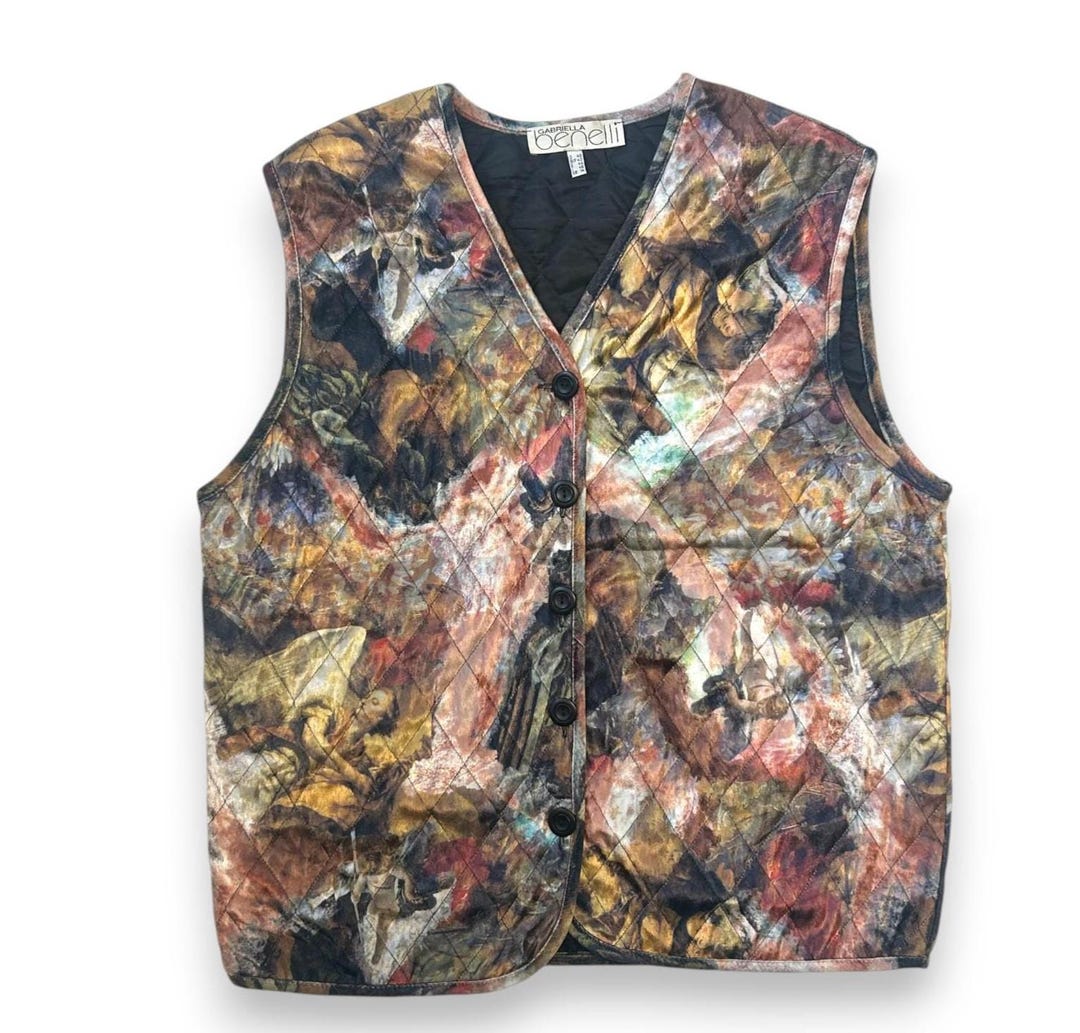 Vintage Womens Vest Gabriella Benelli Green Print Casual 90s Polyester ...