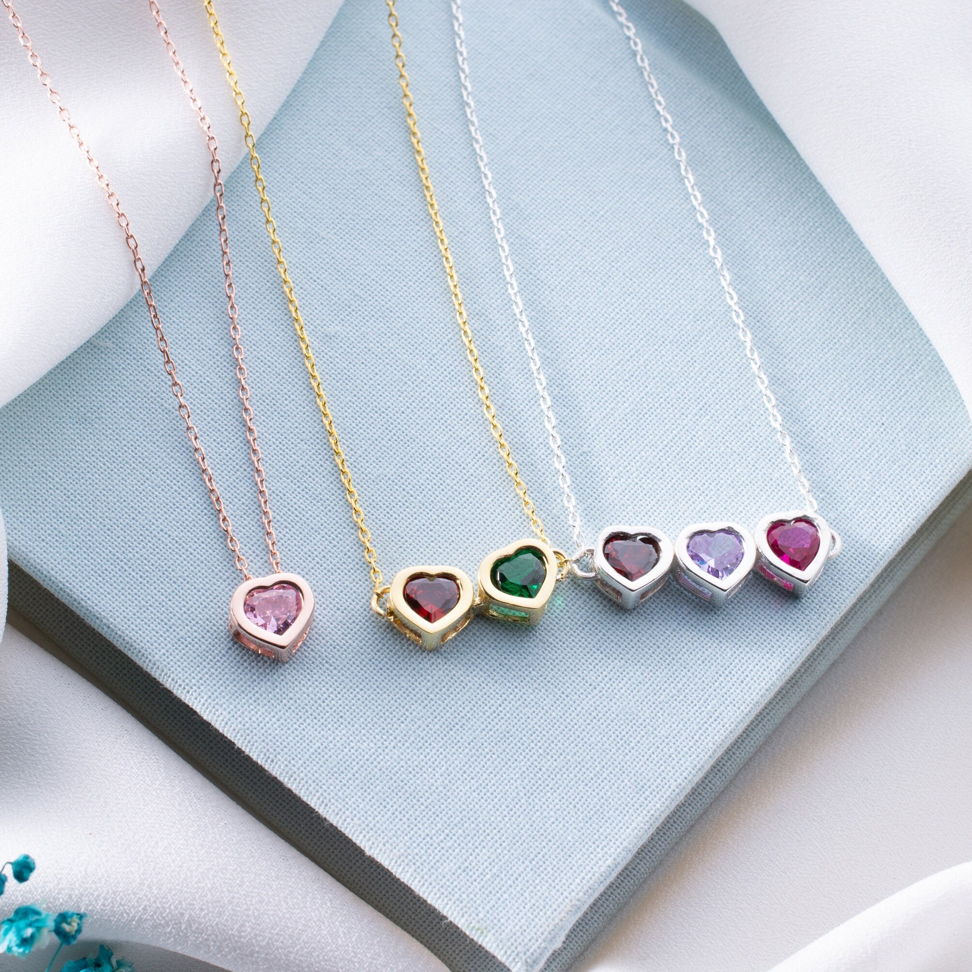 Silver Heart Birthstone Necklace Dainty Birthstone Heart Necklace Family Necklace Gift for Mom Custom Birthstone Jewelry Christmas Gift Etsy