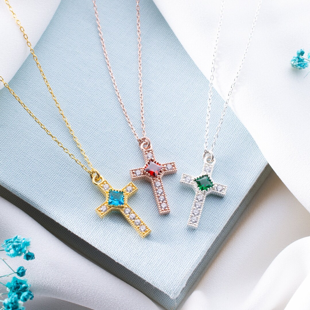 Silver Birthstone Cross Necklace, Cross Necklace With Birthstone ...