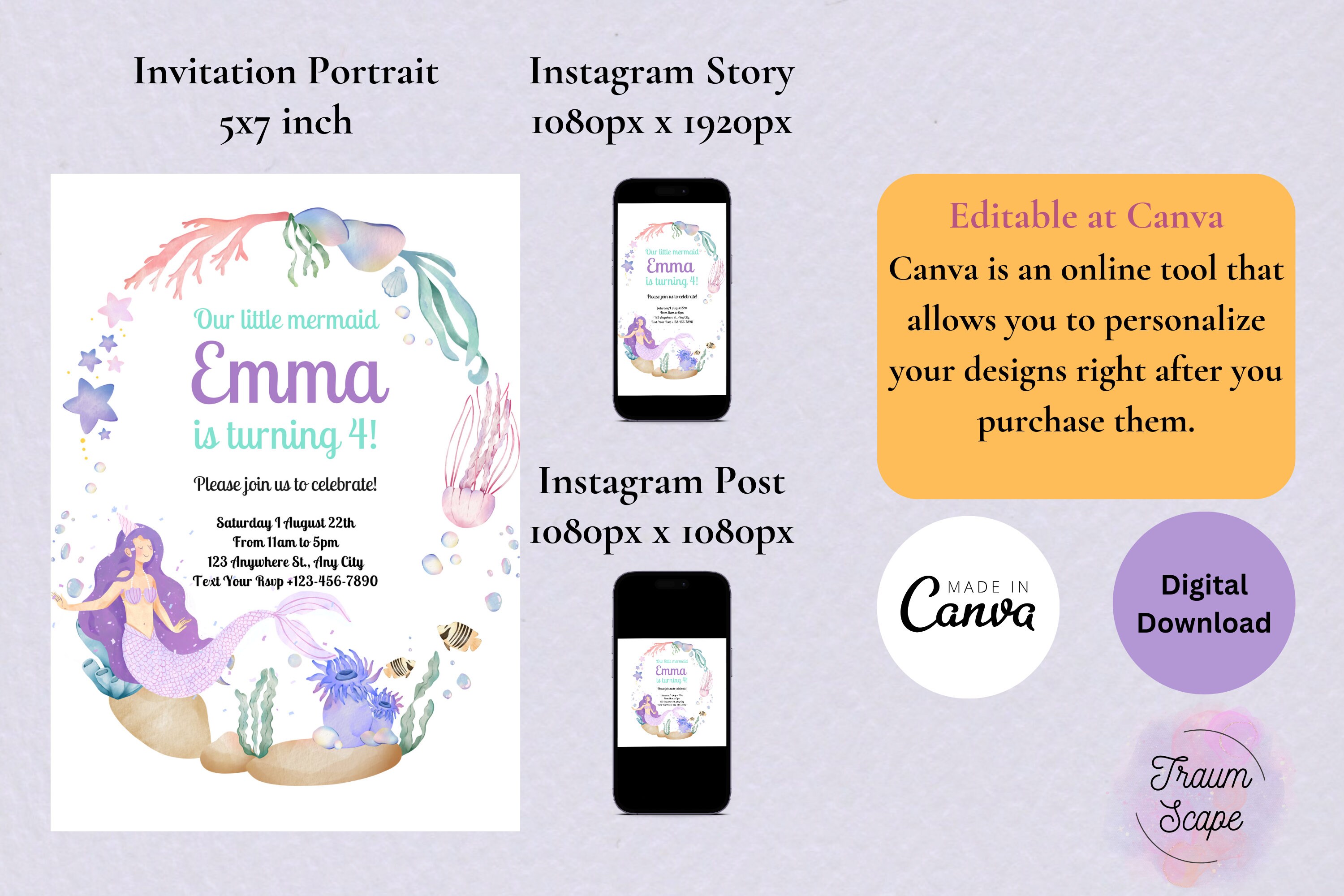 Mermaid Party Birthday Invitation, Under the Sea, Fish Themed, Girls ...