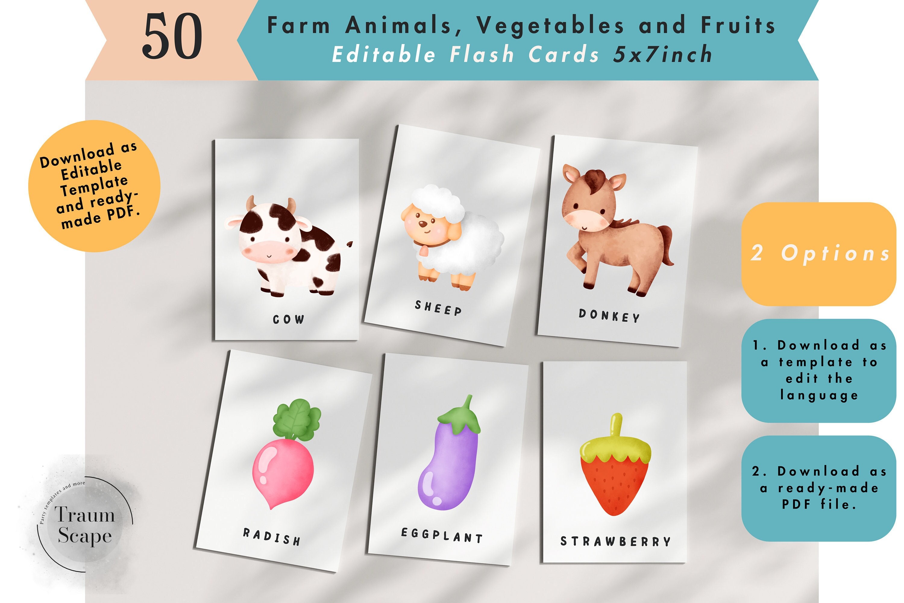 Farm Animals, Vegetables, Fruits Flash Cards, Preschool Educational ...