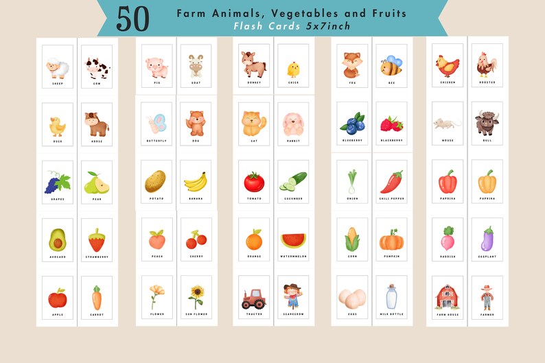 Farm Animals, Vegetables, Fruits Flash Cards, Preschool Educational ...