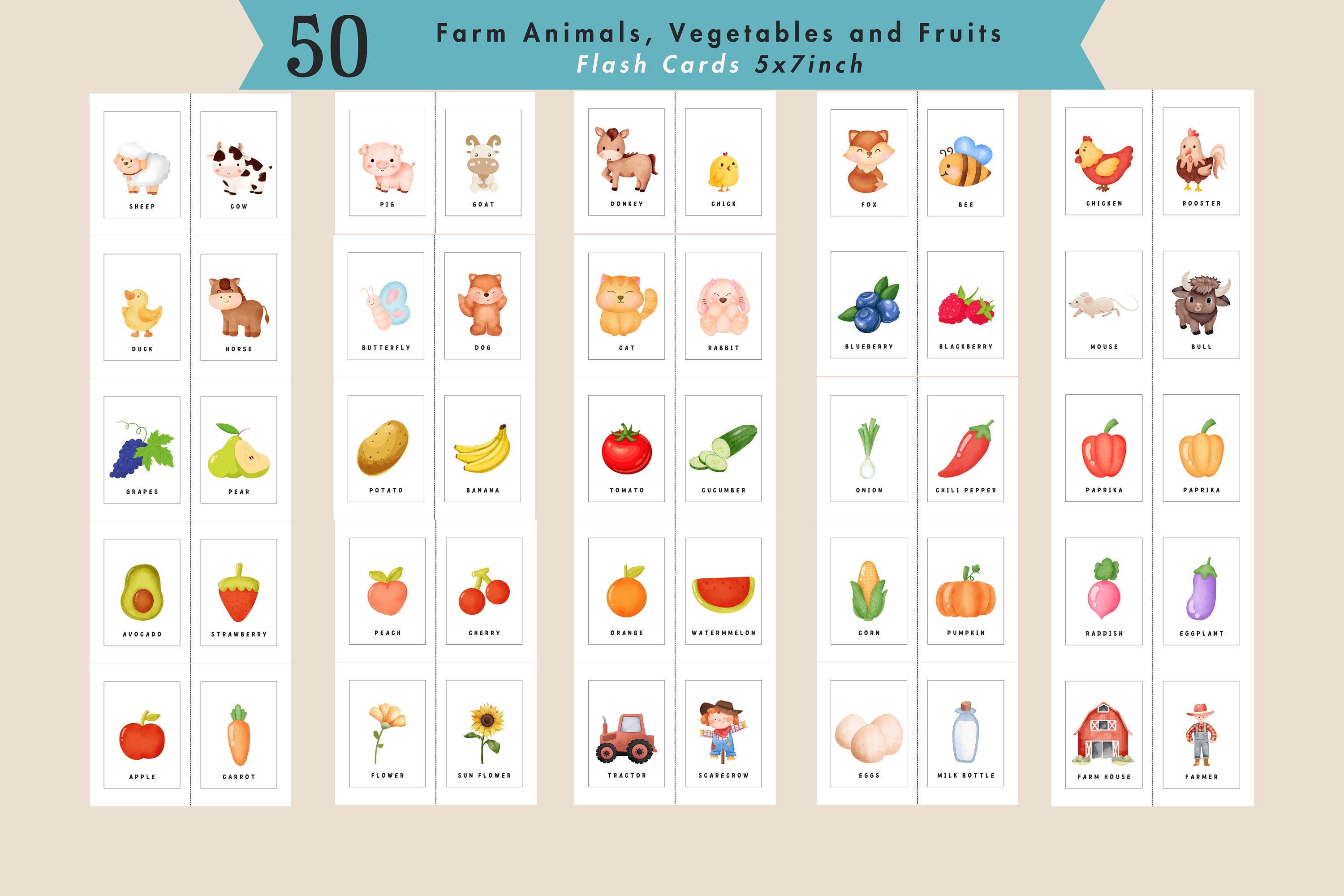 Farm Animals, Vegetables, Fruits Flash Cards, Preschool Educational ...