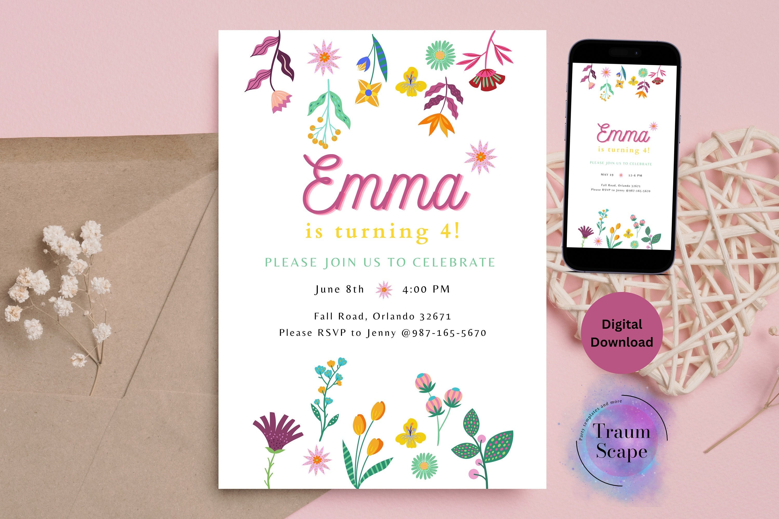 Floral Girls Birthday Invitation, Colorful Wildflower Theme, Spring ...