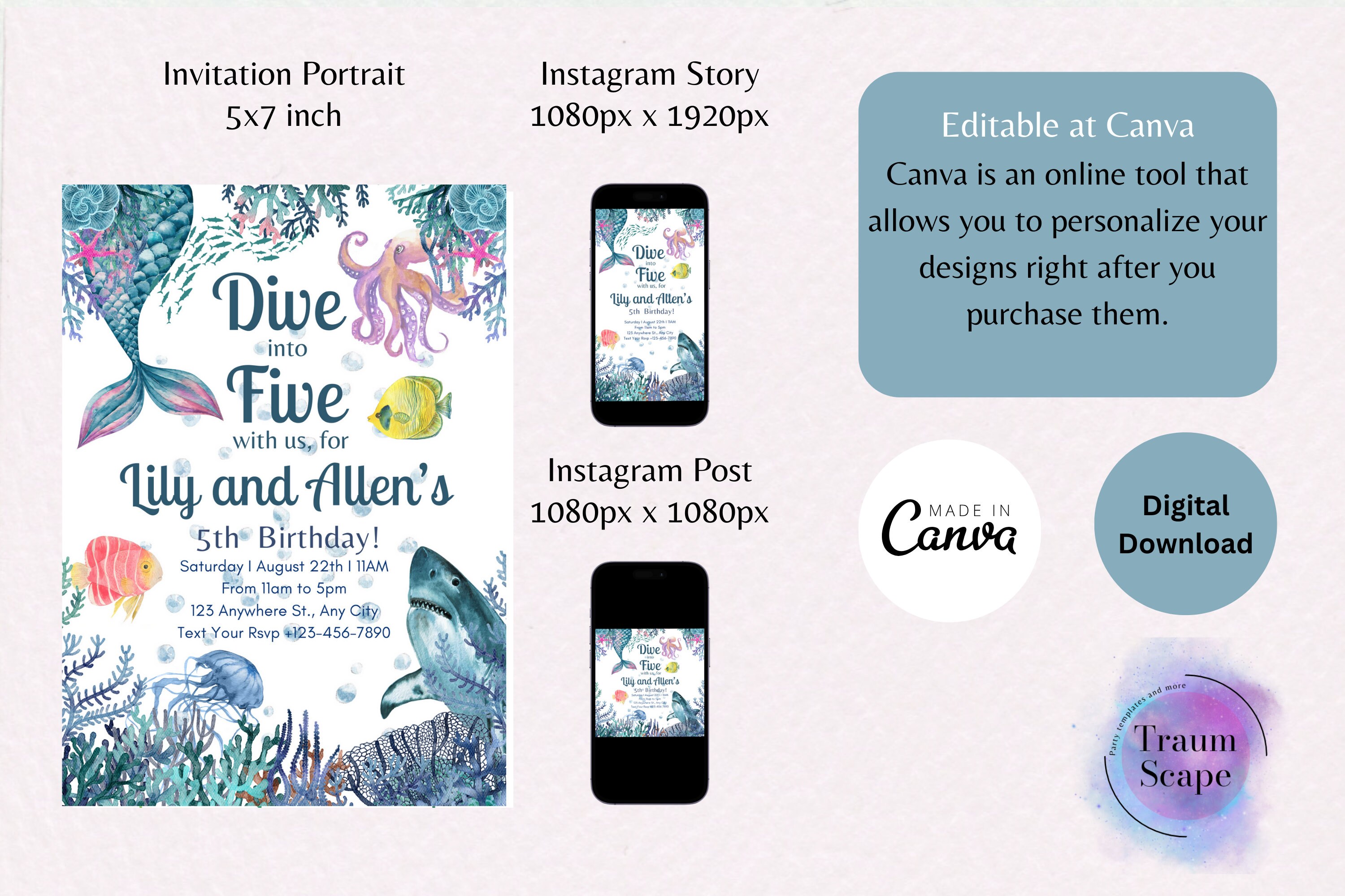 Mermaid Shark Twin Birthday Invitation, Siblings Birthday Invitation ...