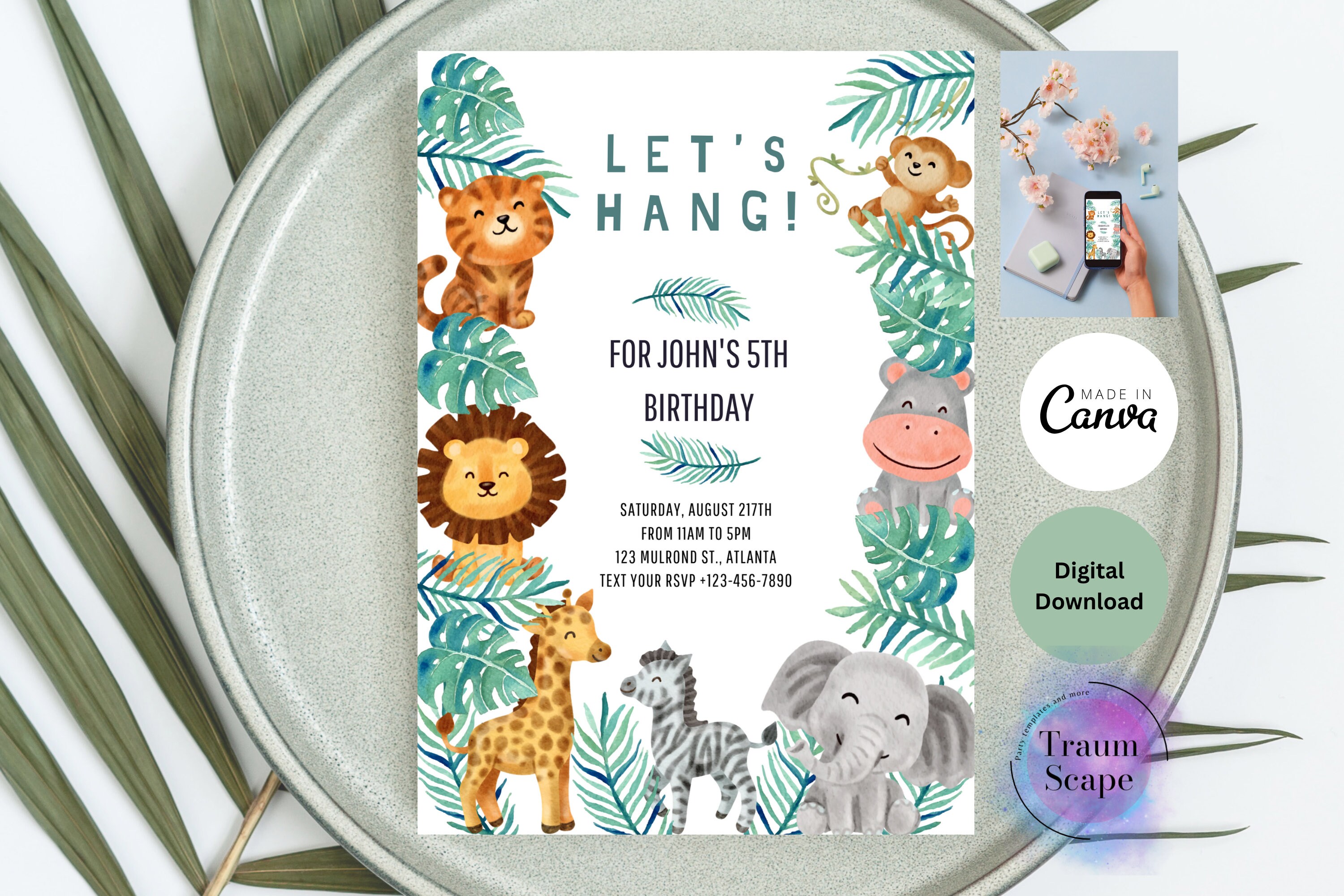 Jungle Themed Birthday Invitation, Wild Animal Invitation, Editable ...