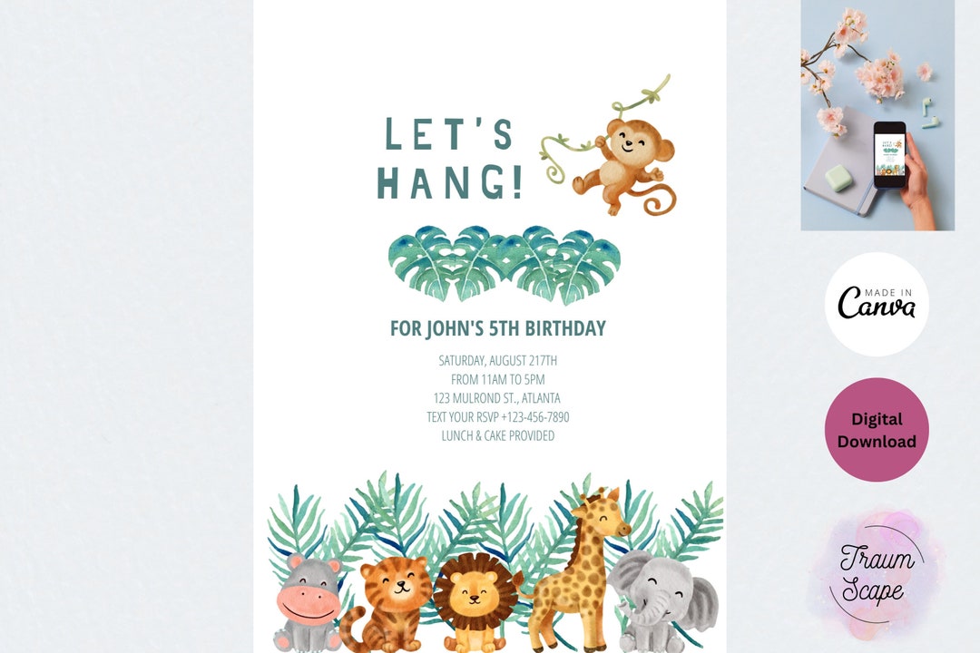Jungle Themed Birthday Invitation Editable Canva Template - Etsy