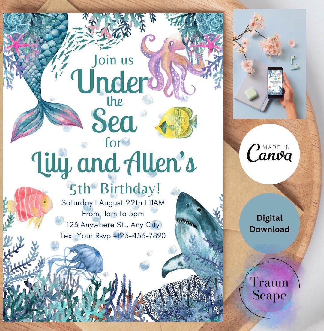 Mermaid Shark Twin Birthday Invitation, Siblings Birthday Invitation ...