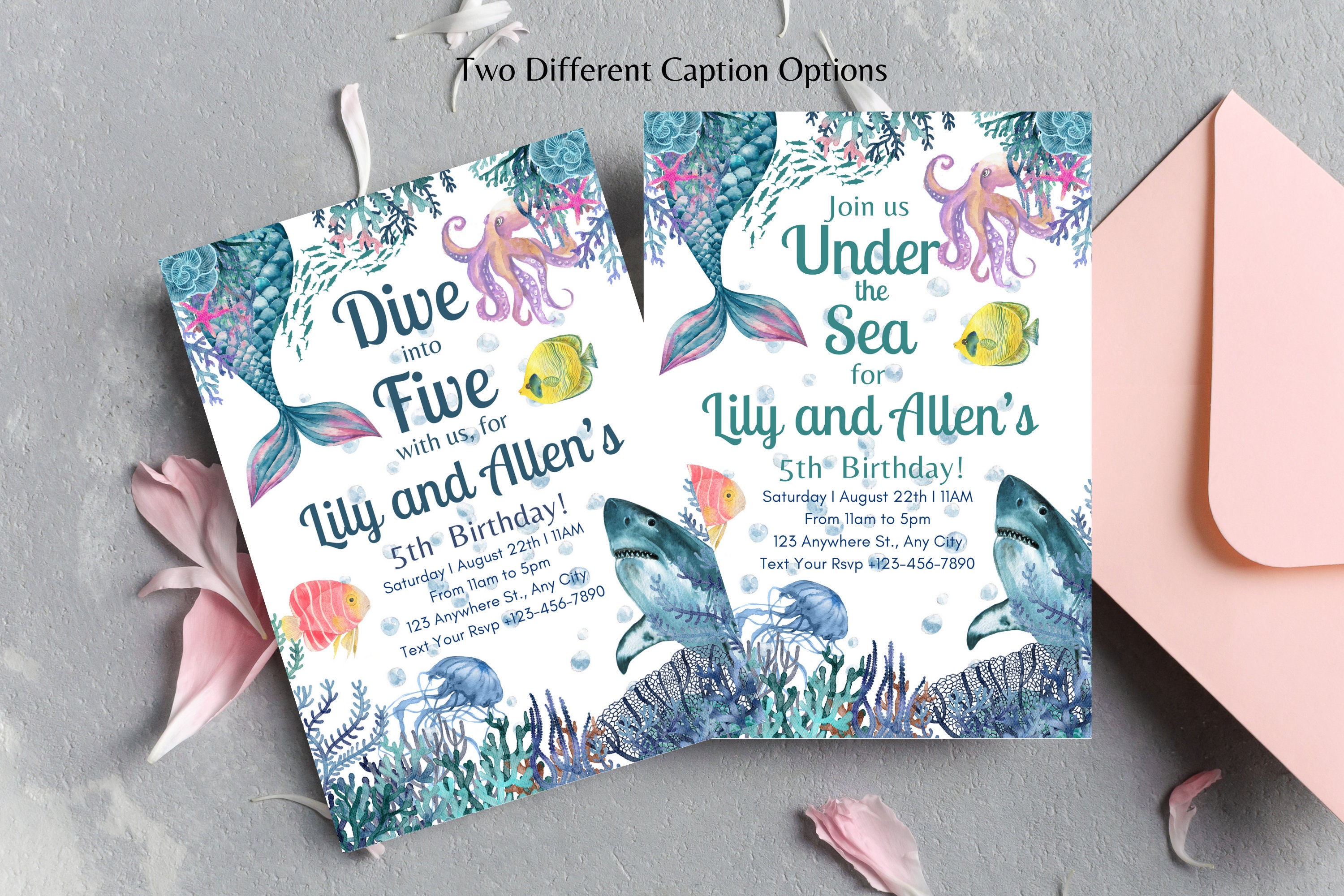 Mermaid Shark Twin Birthday Invitation, Siblings Birthday Invitation ...