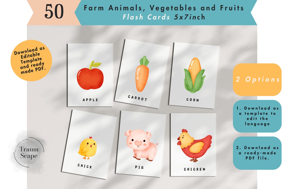 Farm Animals, Vegetables, Fruits Flash Cards, Preschool Educational ...