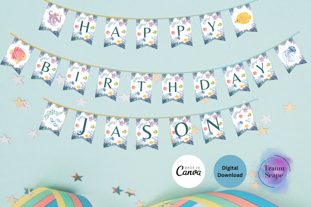 Ocean Birthday Editable Flag Banner, Nautical Kids Birthday Party ...