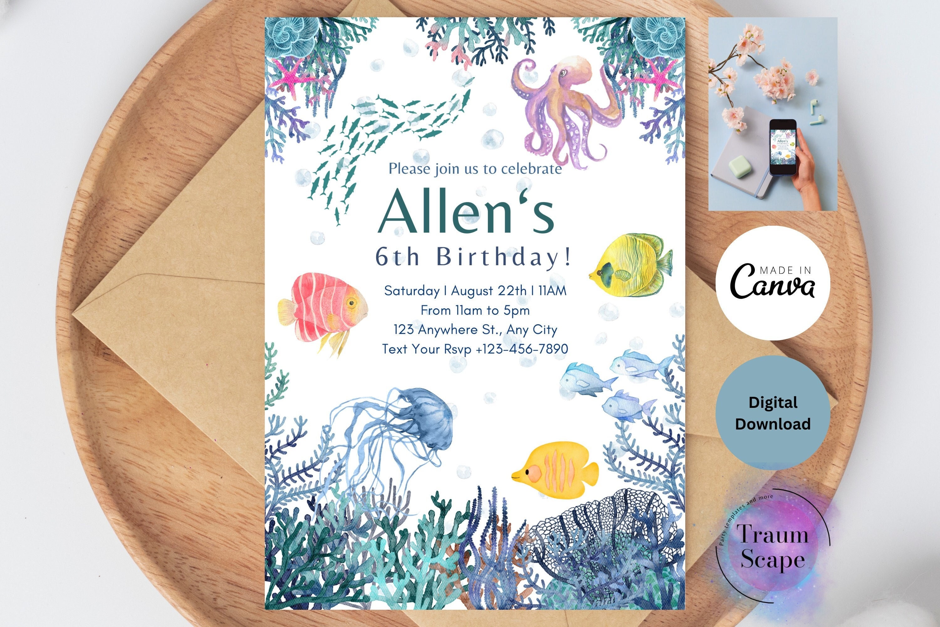 Ocean Kids Birthday Invitation, Under the Sea Party, Editable Template ...