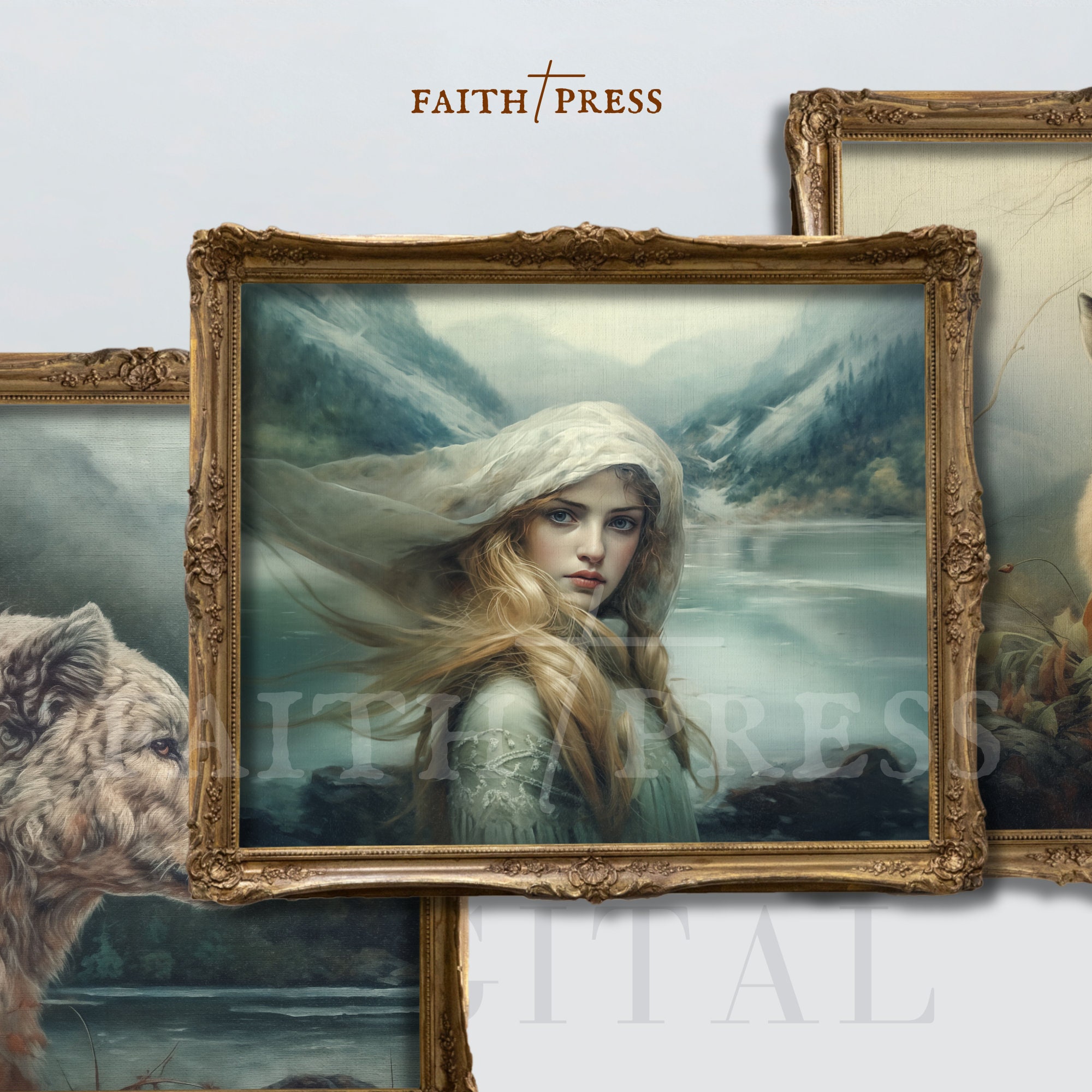 5 Digital Muted Forest Art Downloads Rustic Woman Artwork Cool Green ...