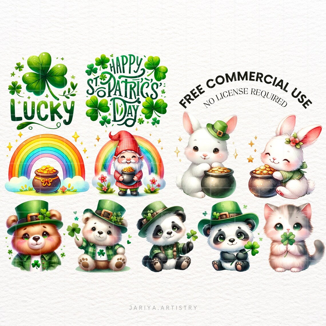 Cute St. Patrick's Day Animal Clipart Set Cute Watercolor Shamrock ...