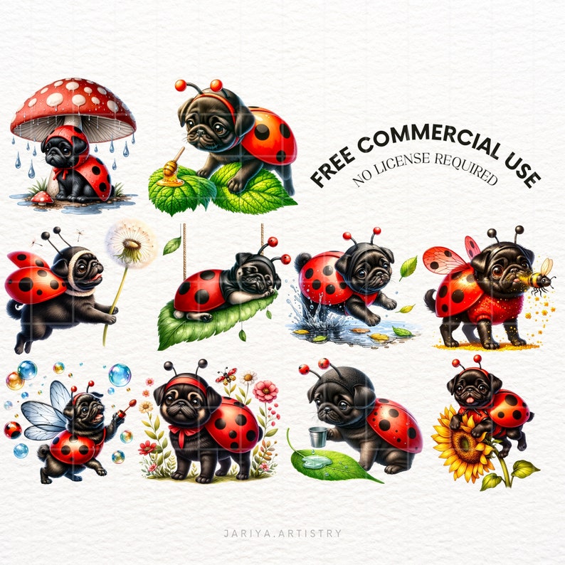 Puppy Love: Black Pug Ladybug PNG Images for Card Making and ...