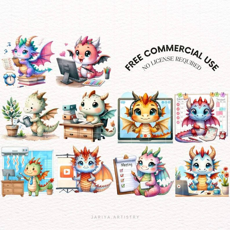 Cute Dragon Working in an Office Clipart Bundle, Cute Dragon Working ...