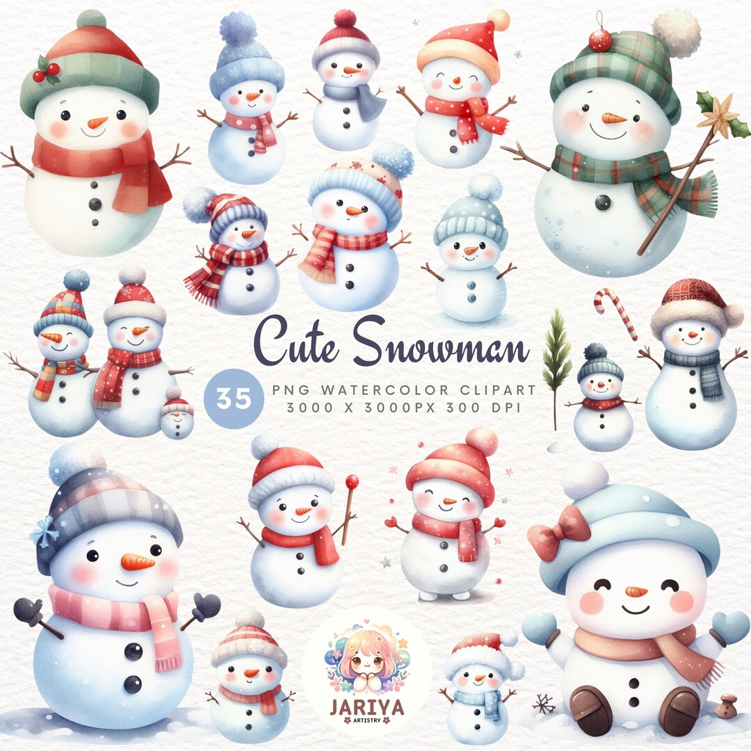 Watercolor Cute Snowman Clipart Bundle, Cute Snowman Clipart PNG, Cute ...