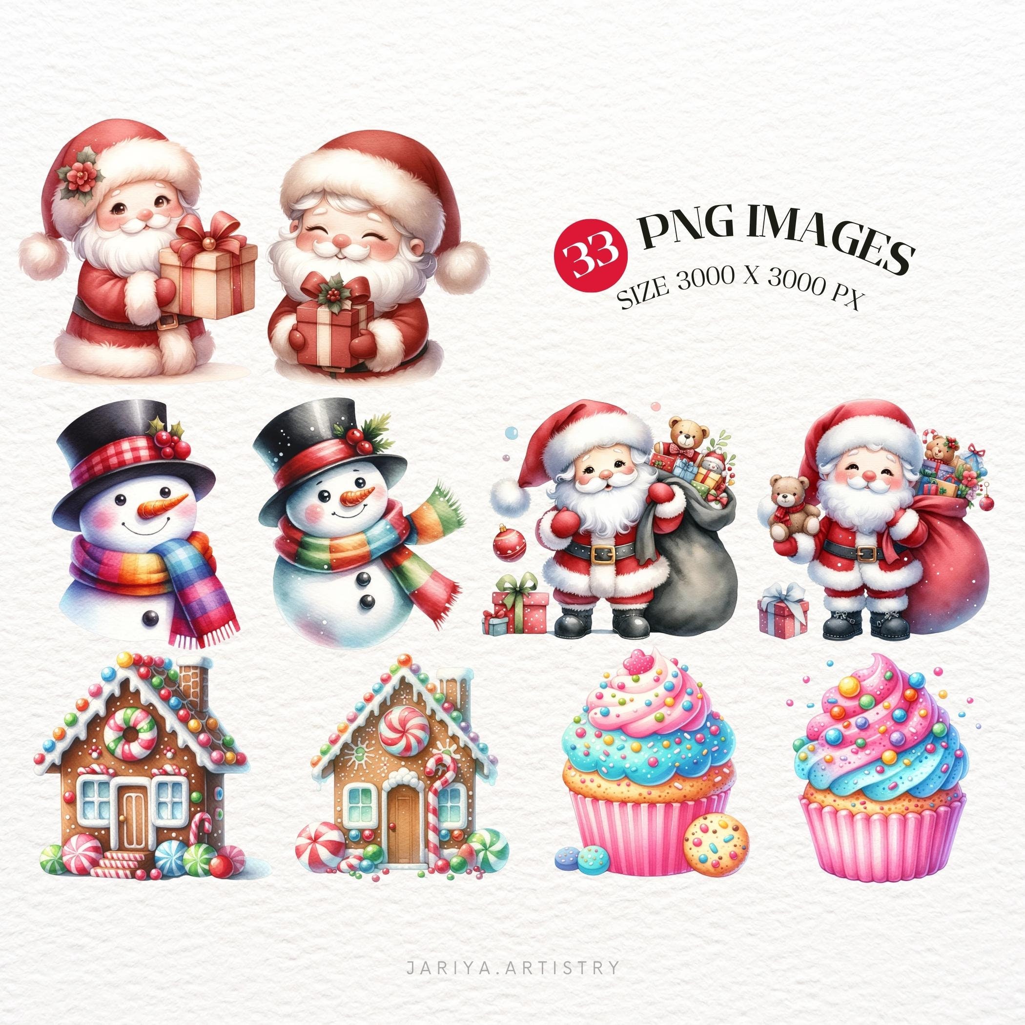 Cute Christmas Clipart Bundle, Watercolor Cute Christmas PNG, Cute ...