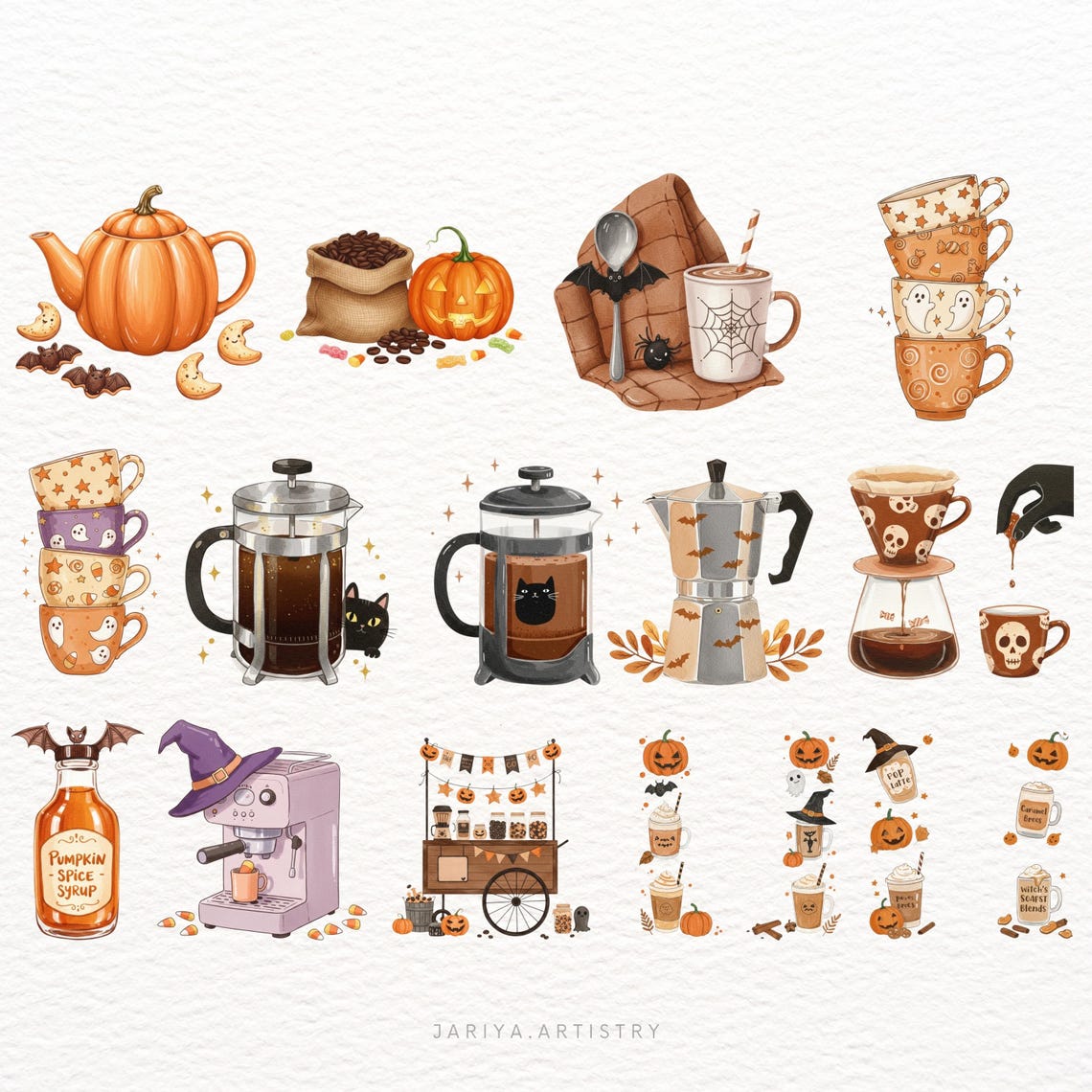 Spooky Halloween Cafe Clipart: Watercolor Coffee Menu Board PNG ...