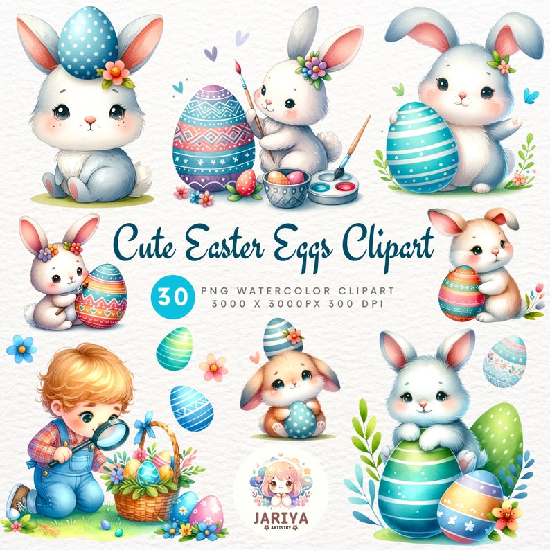 Watercolor Easter Clipart: Bunny & Eggs PNG (commercial Use) - Etsy