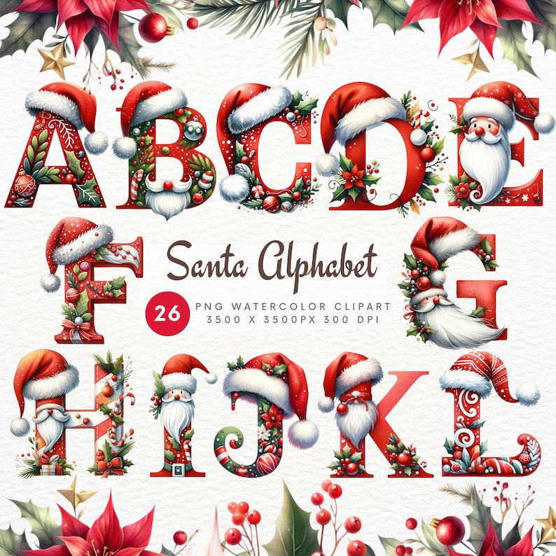 Festive Santa Alphabet Clipart Set - A-Z PNG Designs, Prints ...