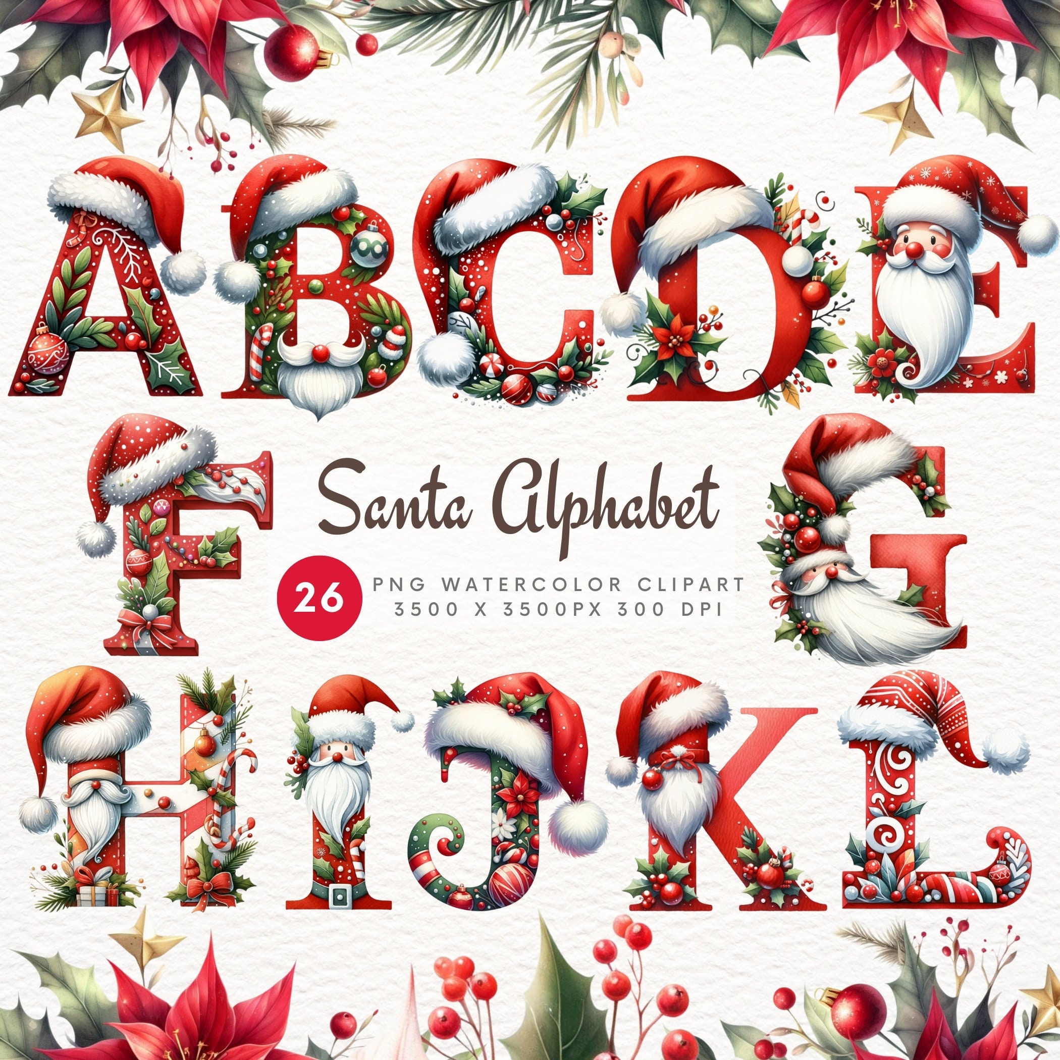Festive Santa Alphabet Clipart Set - A-Z PNG Designs, Prints ...