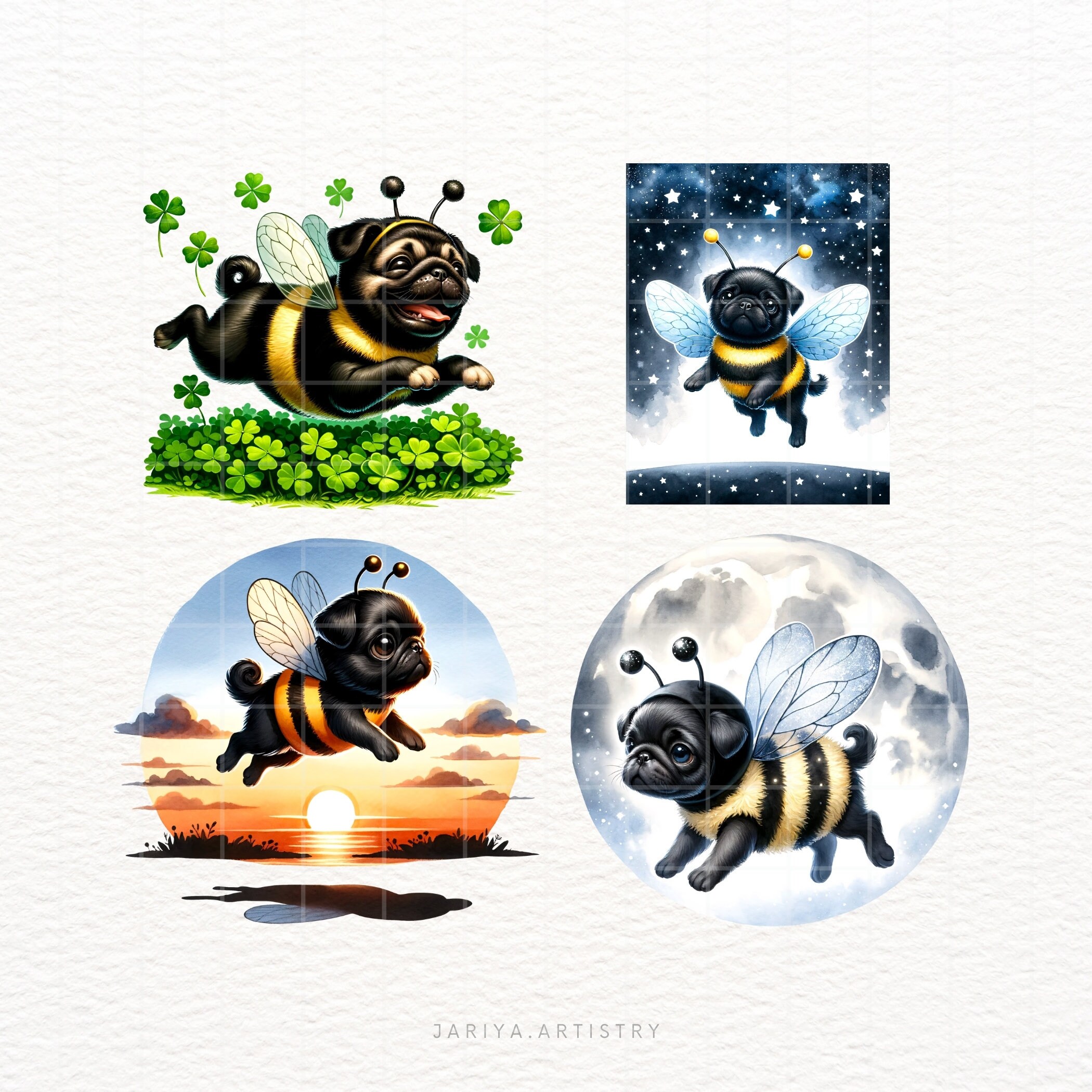 Puppy Love: Black Pug Bee PNG Images for Card Making and Sublimation ...