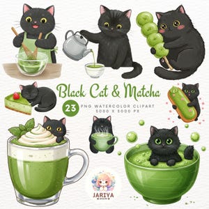 Black Cat Matcha Clipart: Watercolor Teatime PNG Illustration Set ...