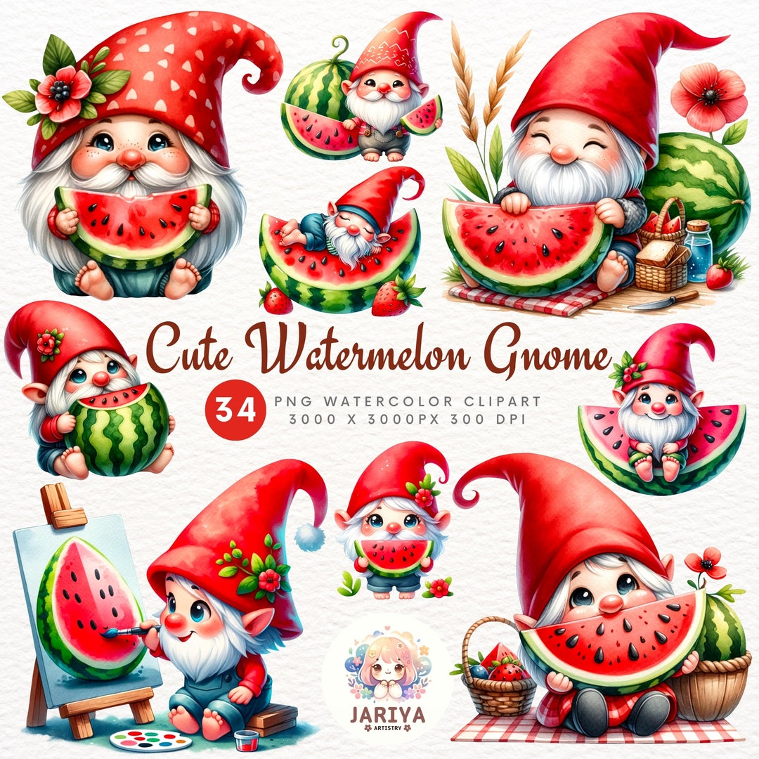 Cute Watermelon Gnome Clipart Bundle, Cute Watermelon PNG, Watercolor ...